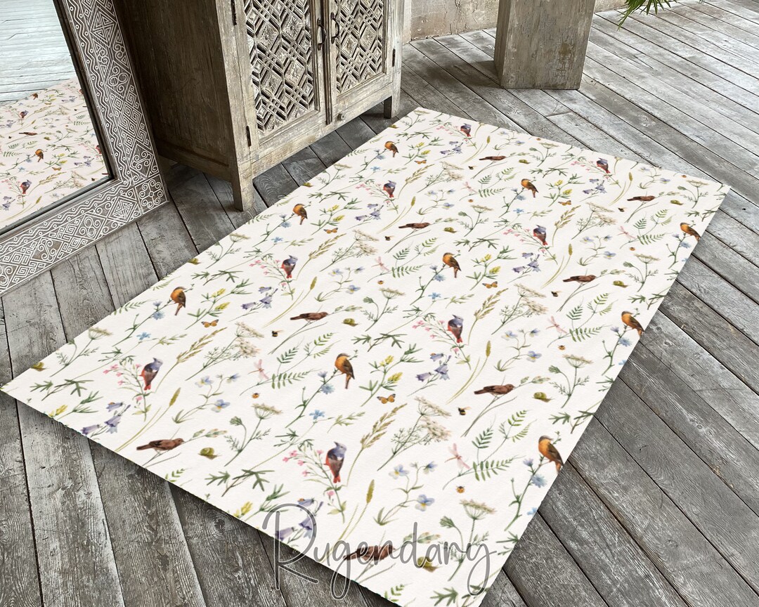 Bird and Plant Themed Natural Rug, Nonslip Area Carpet for Living Room ...