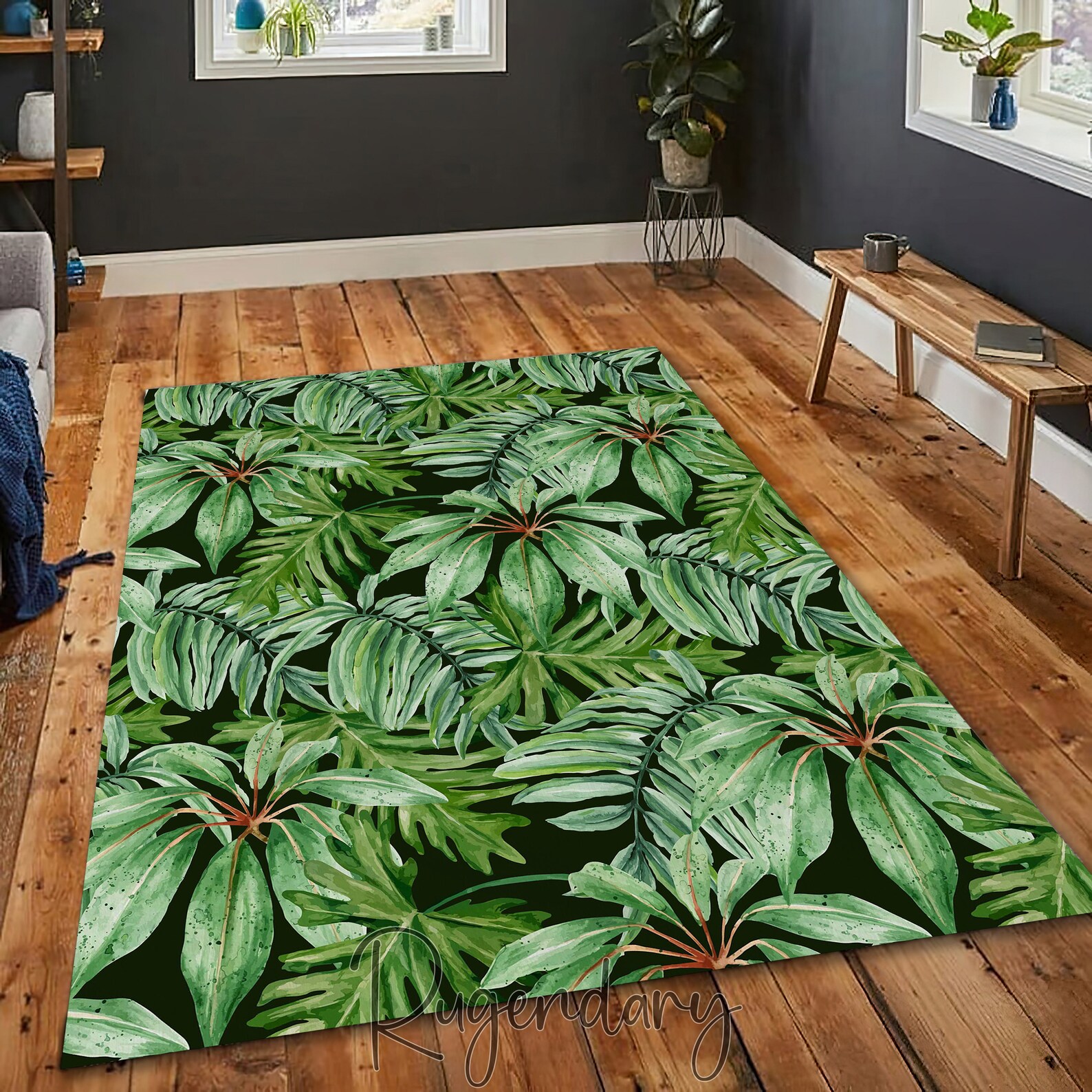 Green Palm Leaves, Tropical Decor, Botanic Mat, Coastal Sea Carpet ...