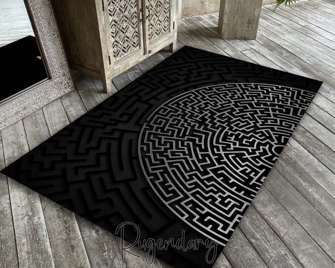 Black Labyrinth Rug, Modern Carpet, Living Room Mat, Abstract Decor ...