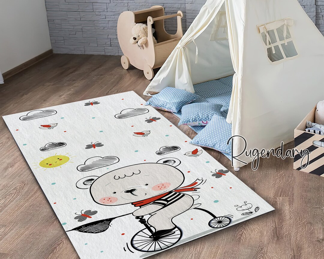Baby Bear Rug, White Nursery Carpet, Cute Animal Decor for Baby Room ...
