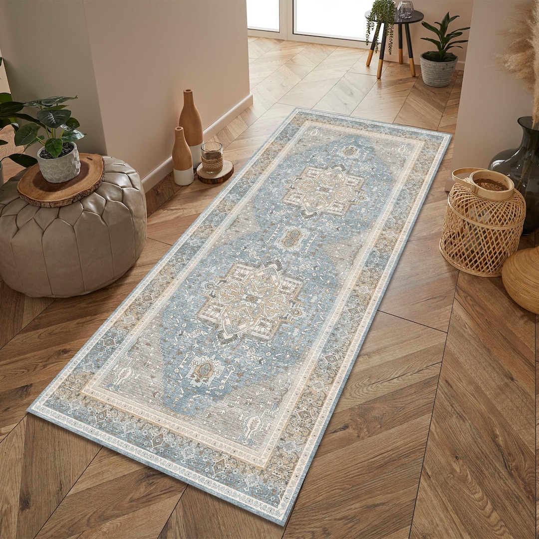 Farmhouse Neutral Runner Rug Brown Blue Bohemian Hallway Carpet - Etsy