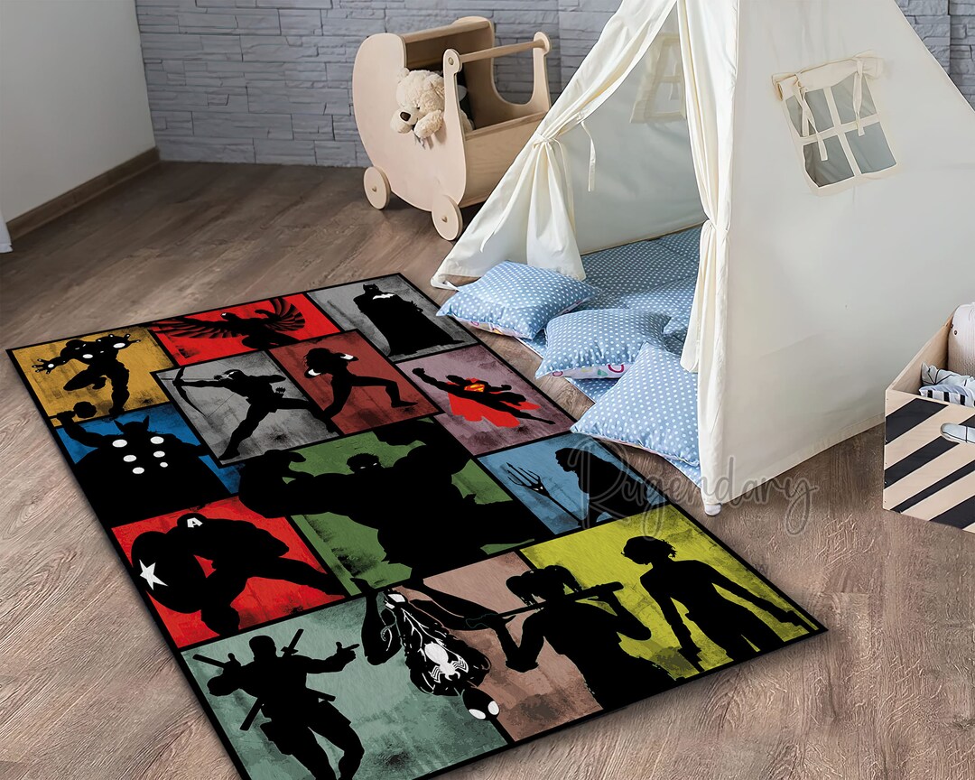 Super Hero Silhouette Rug, Marvel Carpet for Children Room, Spider Man ...