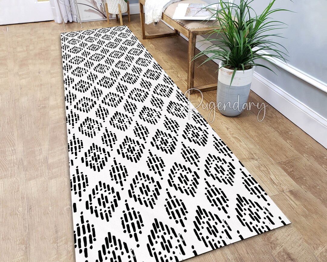 Black and White Kitchen Boho Runner Rug, Diamond Pattern Abstract ...