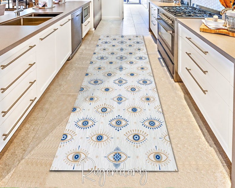 Evil Eye Themed Hallway Runner Rug, Line Art Carpet, Hamsa Eye Rug ...