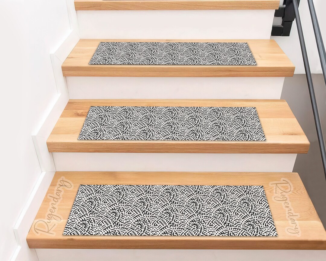 Boho Style Black Stair Rug, Stair Tread Rug, Geometric Patten Stair Mat ...