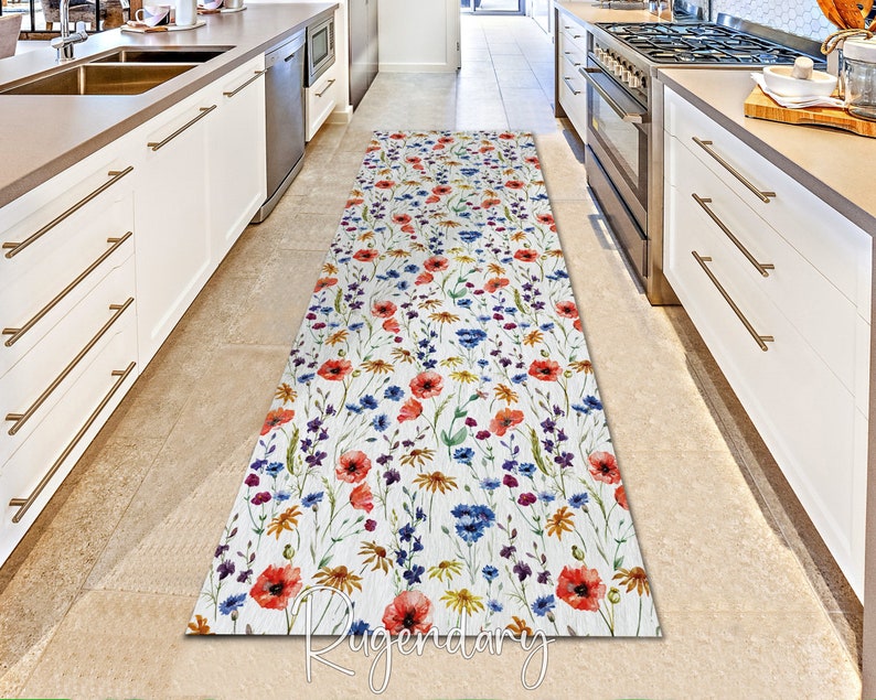 Wildflowers Pattern Kitchen Runner Rug, Watercolor Flowers Mat, Nonslip ...