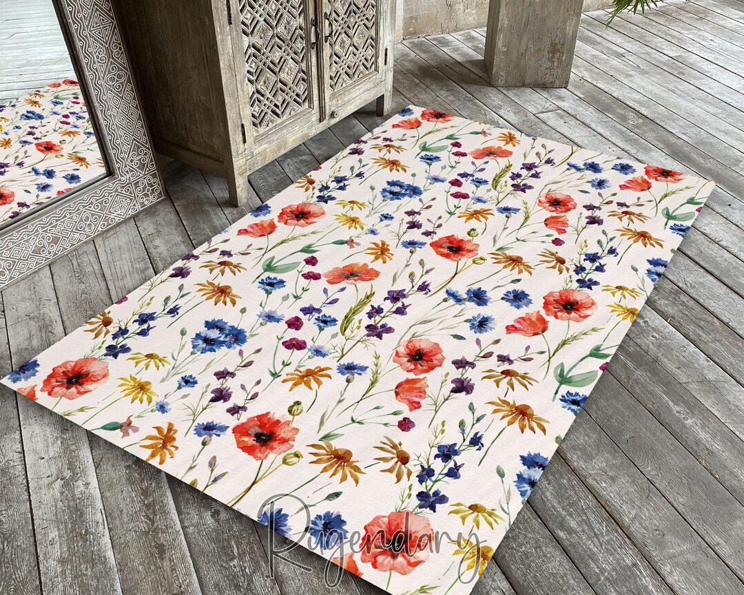 Wildflowers Plants Themed Living Room Carpet, Nonslip Thick Soft ...