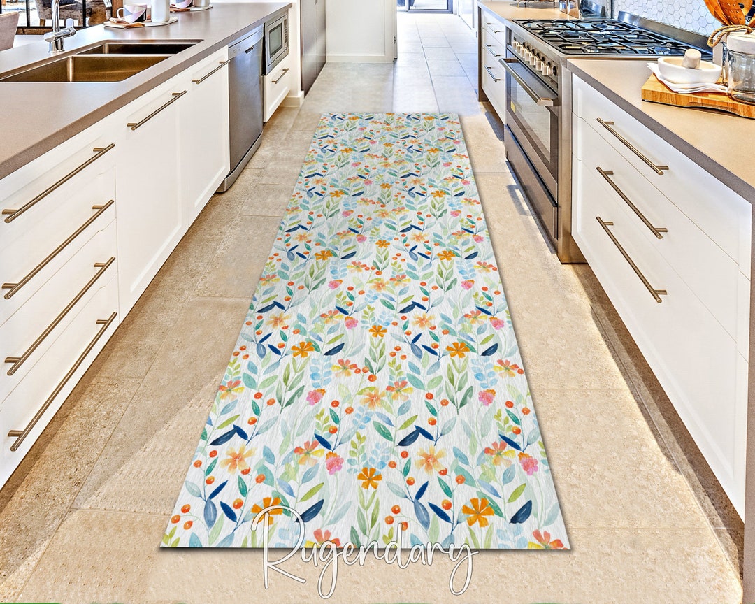 Pastel Color Botanical Runner Rug for Kitchen, Hallway Carpet, Machine ...