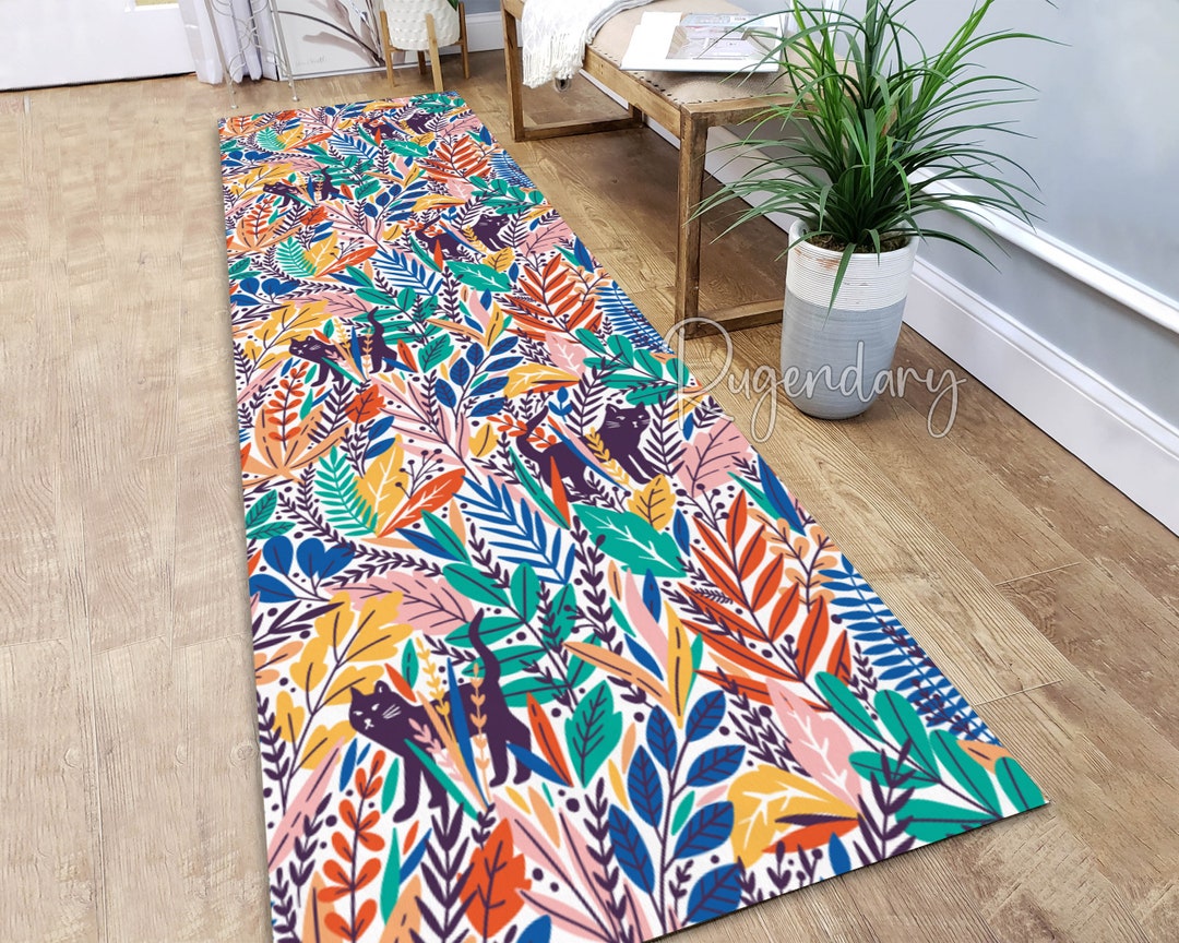 Colorful Tropical Leaves Pattern Runner Rug, Machine Washable Kitchen ...