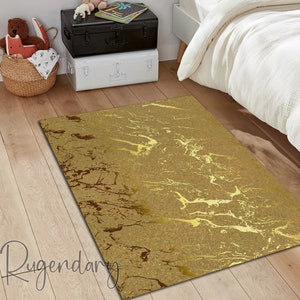 Gold Marble Patterned Rug, Living Room Carpet, Modern Kitchen Area Mat ...