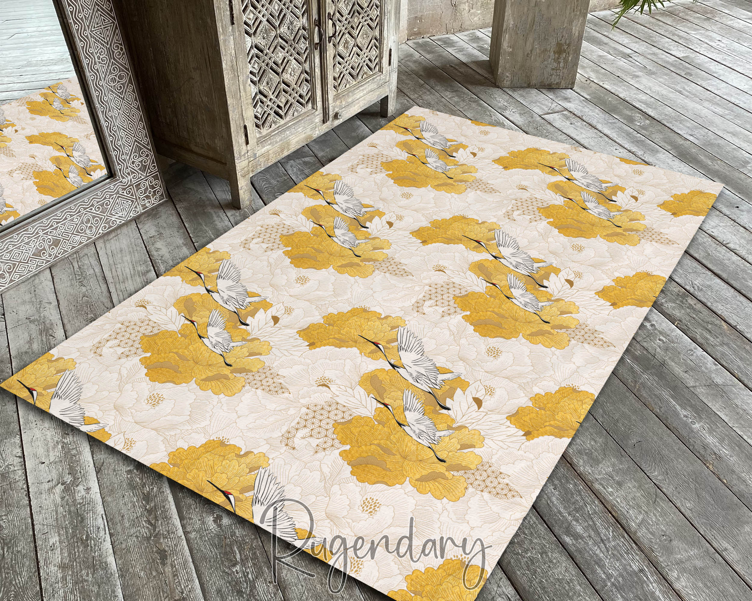 Gold Texture Rug Crane Birds Peony Flower Rug Chinese Home - Etsy