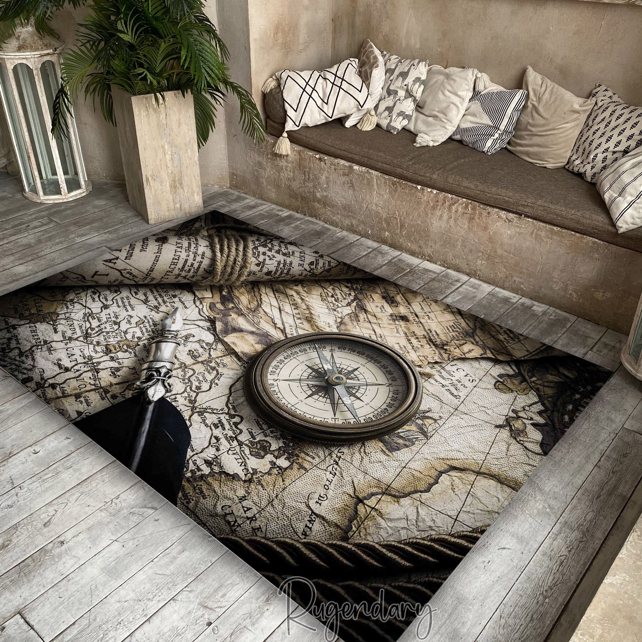 Retro Style Compass Rug, Pirate Map Themed Carpet, Yacht Mat, World Map ...