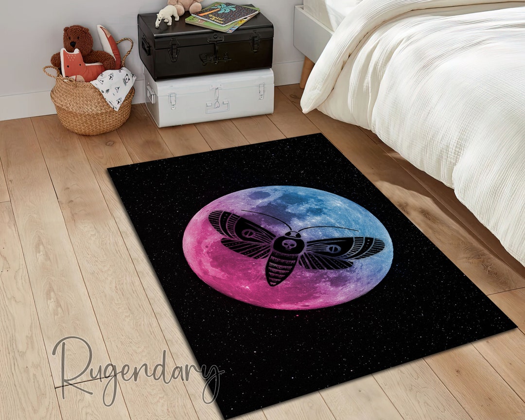 Moth and Moons Rug, Moon Themed Carpet, Bohemian Mat, Minimal Home ...