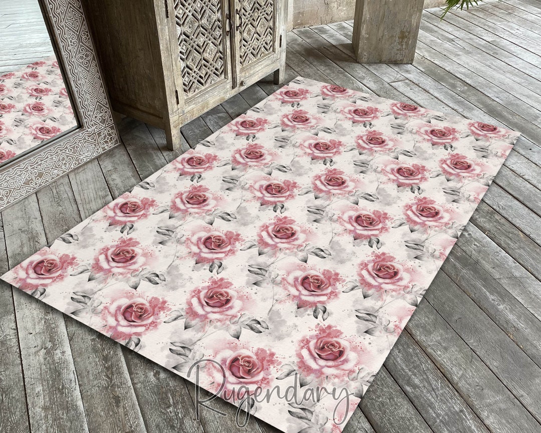 Rose Rug, Pink Flowers Rug, Watercolor Floral Rug, Kitchen Carpet ...