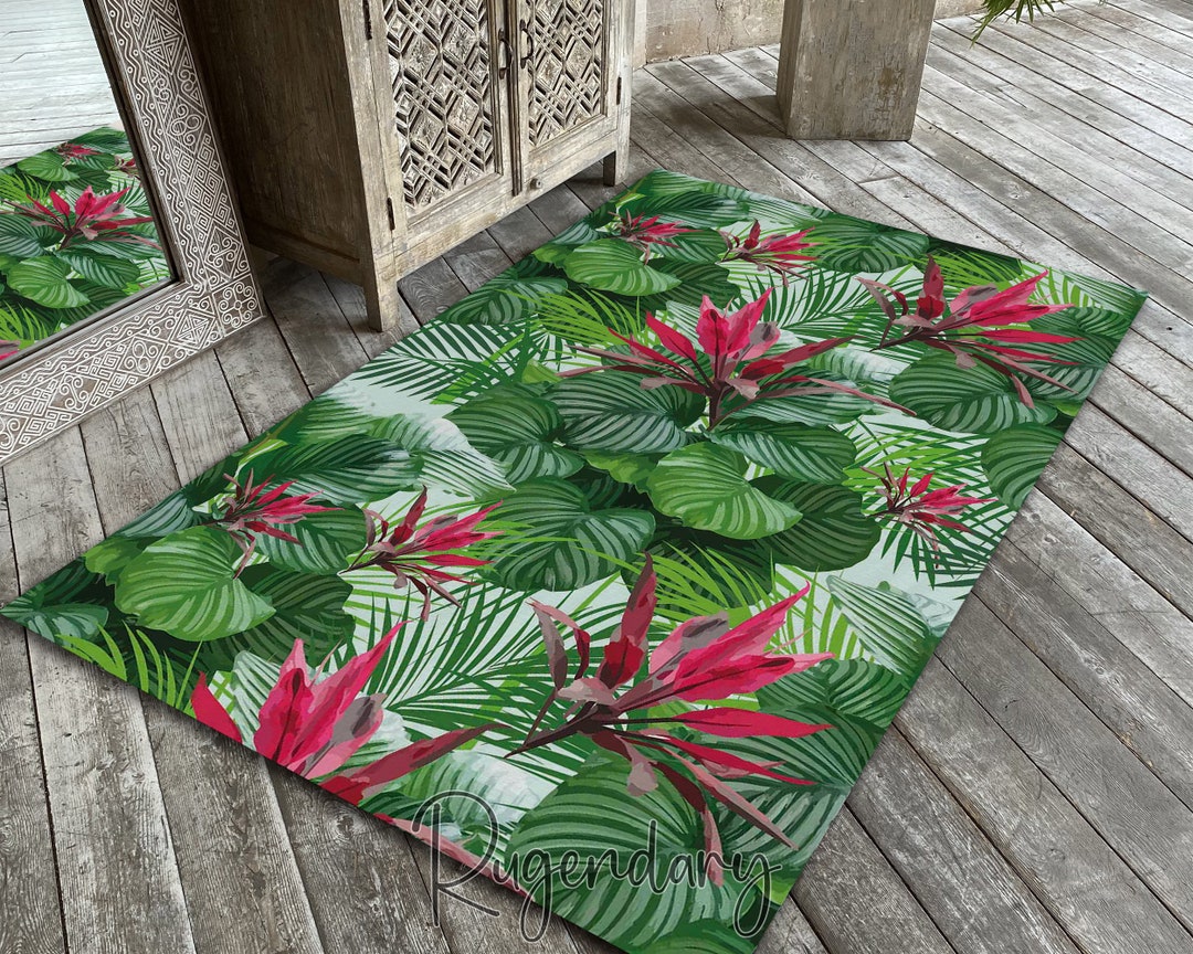 Tropical Leaves Rug, Flowers of Palm Tree Carpet, Eclectic Home Decor ...