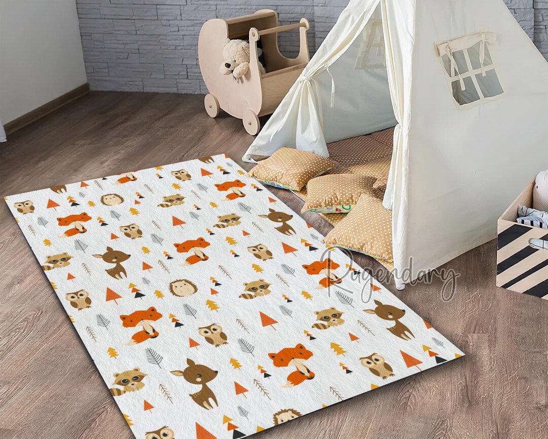 Cute Baby Fox and Racoon Rug, Cartoon Animal Mat, Nonslip Soft Washable ...