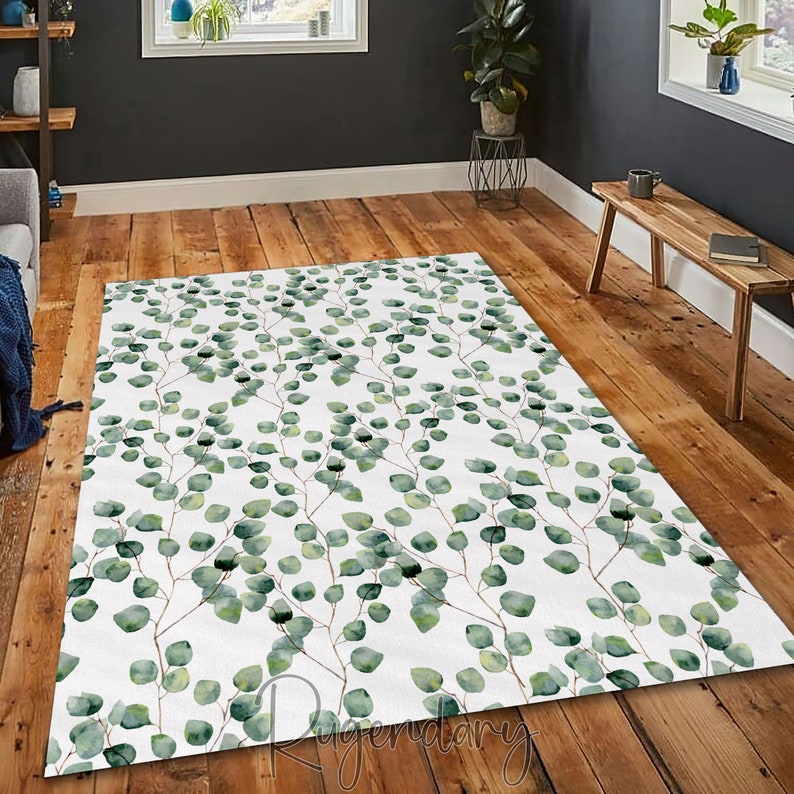 Watercolor Green Eucalyptus Leaves Themed Floral Area Rug, Botanic ...
