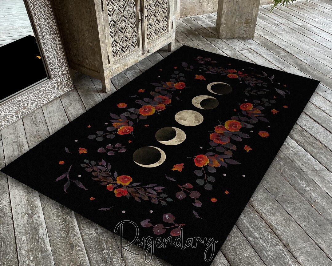 Moon and Flower Rug, Moon Phases Carpet, Crescent Pattern Mat ...