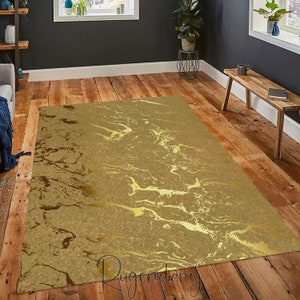 Gold Marble Patterned Rug, Living Room Carpet, Modern Kitchen Area Mat ...