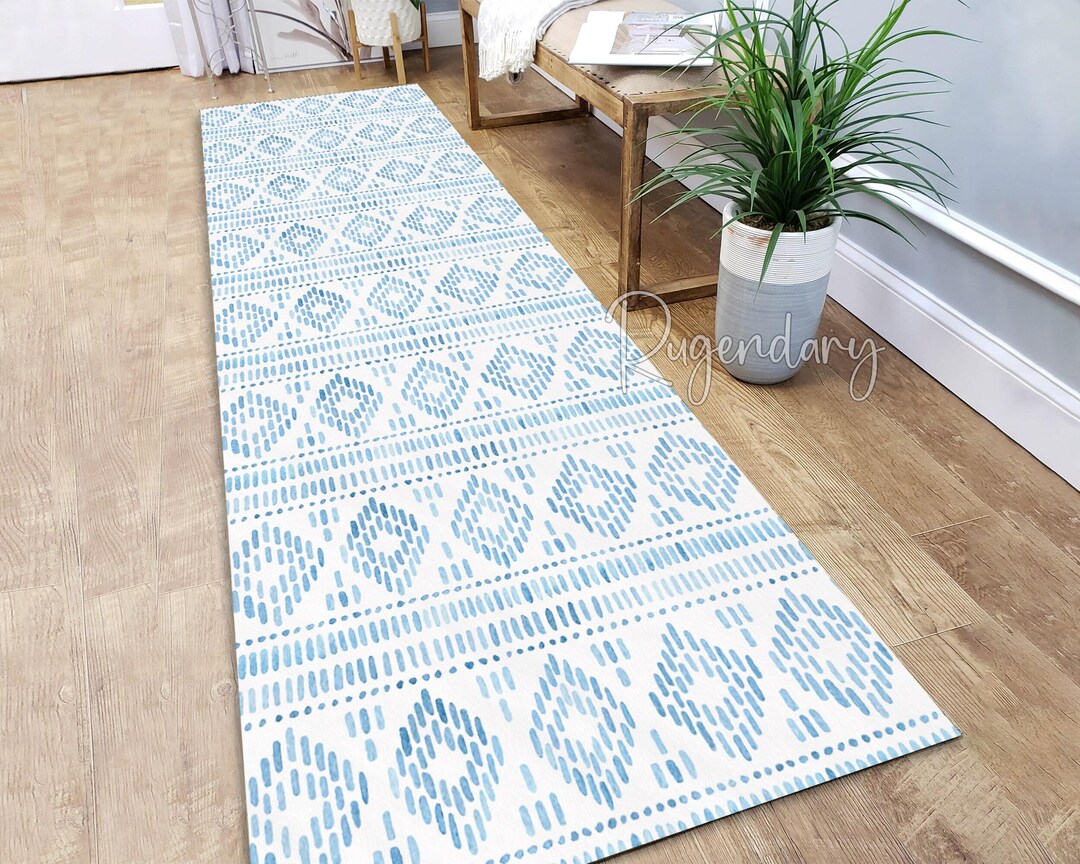 Boho Style Kitchen Blue Runner Rug, Geometric Tribal Carpet for Hallway ...
