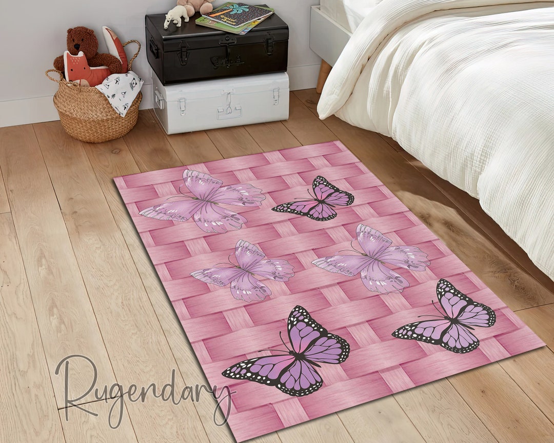 Pink Butterfly Rug, Girl Room Carpet, Animal Decor, Kids Room Mat, Baby ...