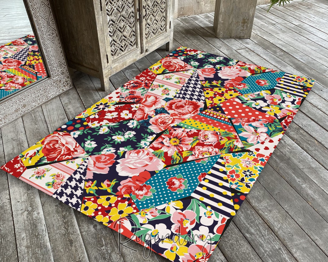 Rose Flower Patchwork Rug, Floral Decor, Colorful Abstract Mat for ...
