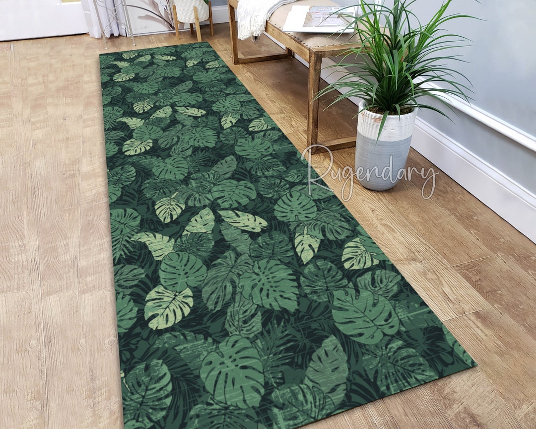 Tropical Palm Leaves Pattern Green Abstract Runner Rug, Botanical ...