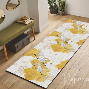 Gold Color Floral Runner Rug, Retro Style Kitchen Carpet, Nonslip ...