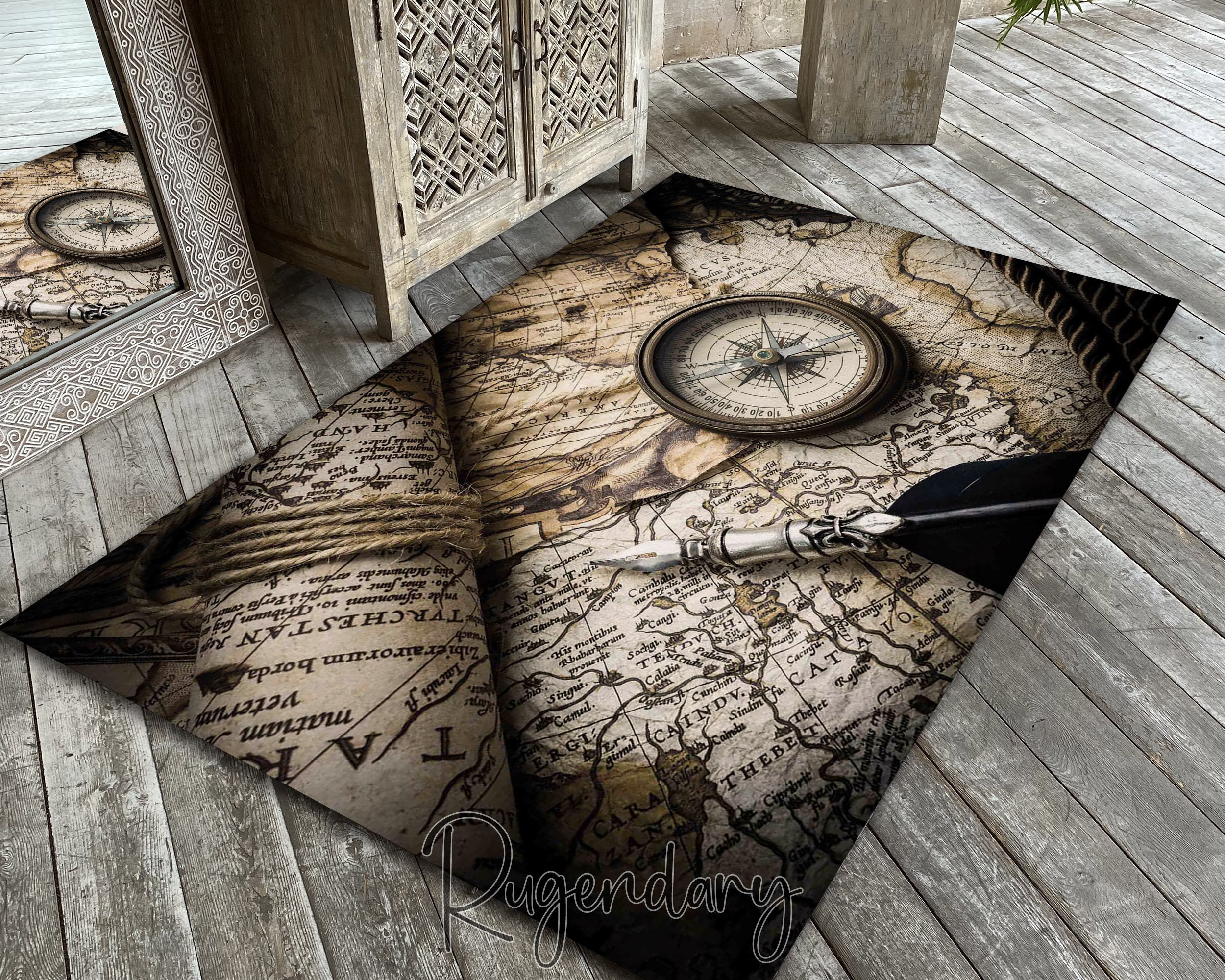 Retro Style Compass Rug, Pirate Map Themed Carpet, Yacht Mat, World Map ...