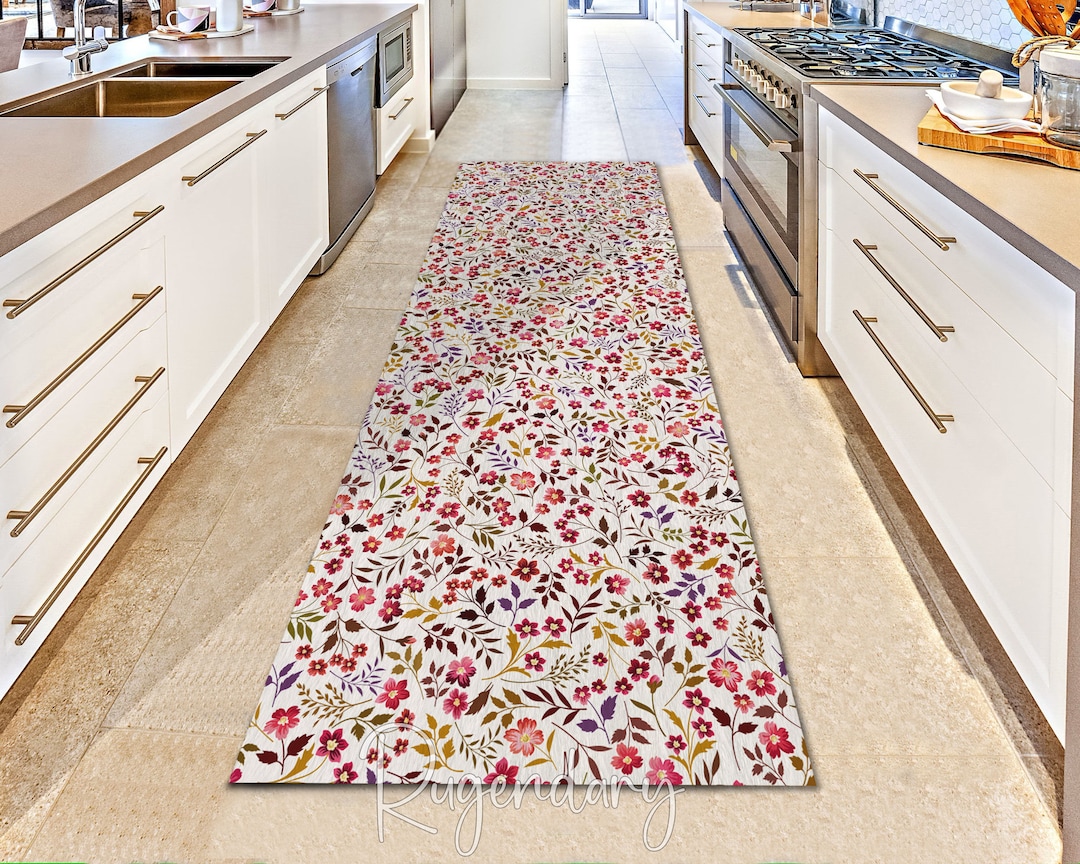 Red Meadow Flower Pattern Boho Runner Rug, Kitchen Carpet, Floral ...