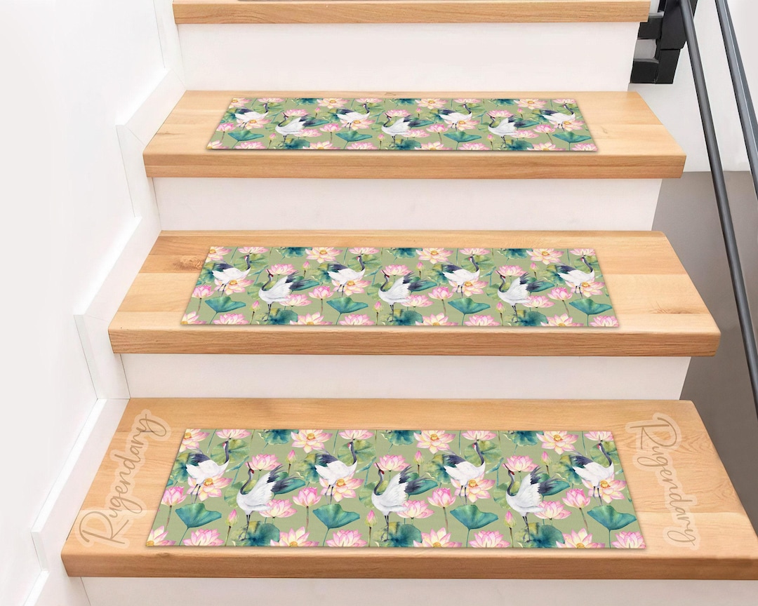 Lotus Flower Stair Tread: Crane Pattern, Green Boho Carpet - Etsy