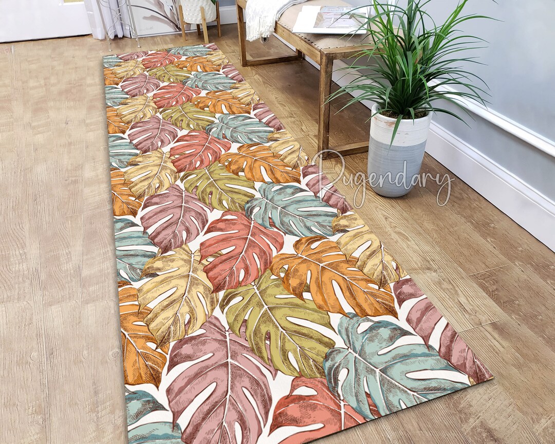Monstera Leaves Pattern Retro Style Runner Rug, Botanic Kitchen Mat ...