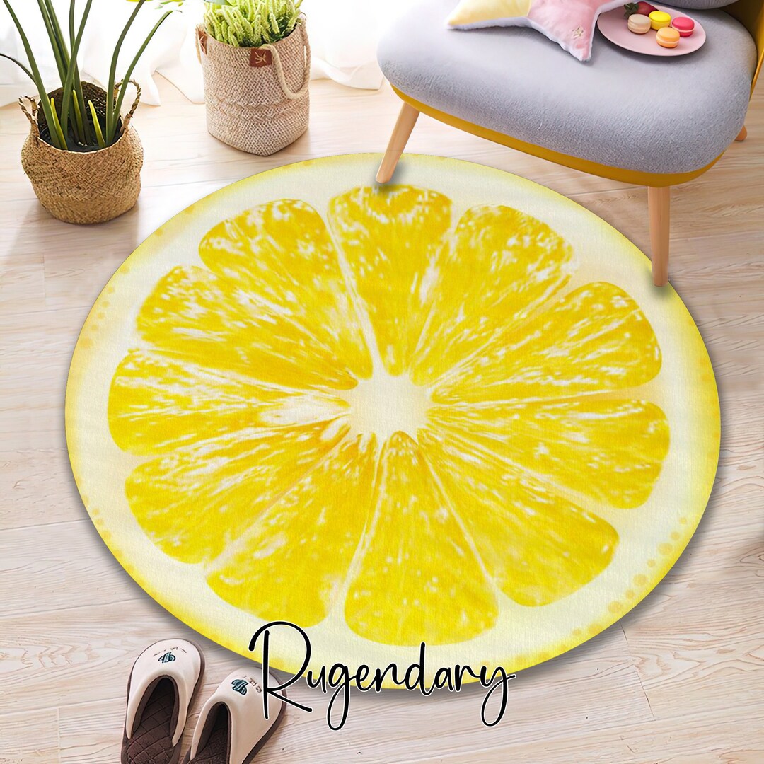 Yellow Lemon Rug, 3D Carpet, Nonslip Area Mat for Kitchen, Round Rug ...