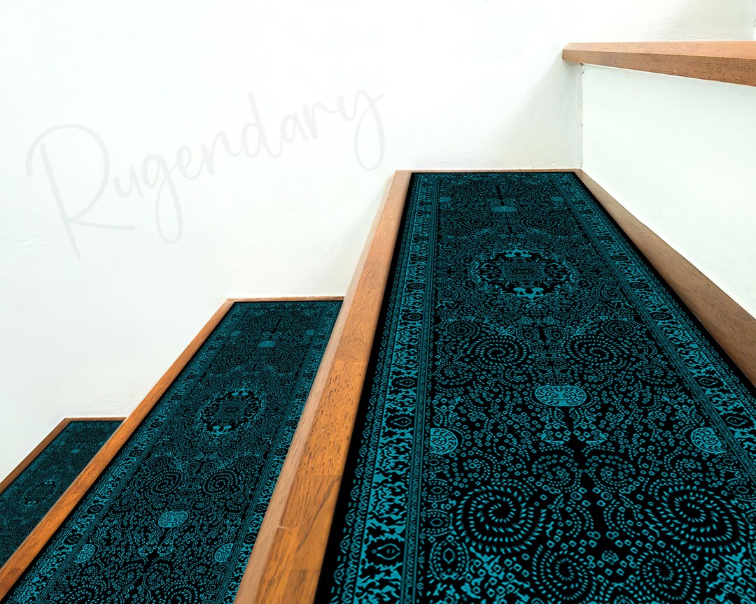 Boho Style Black and Blue Color Stair Rug, Cool Stair Tread Carpet ...