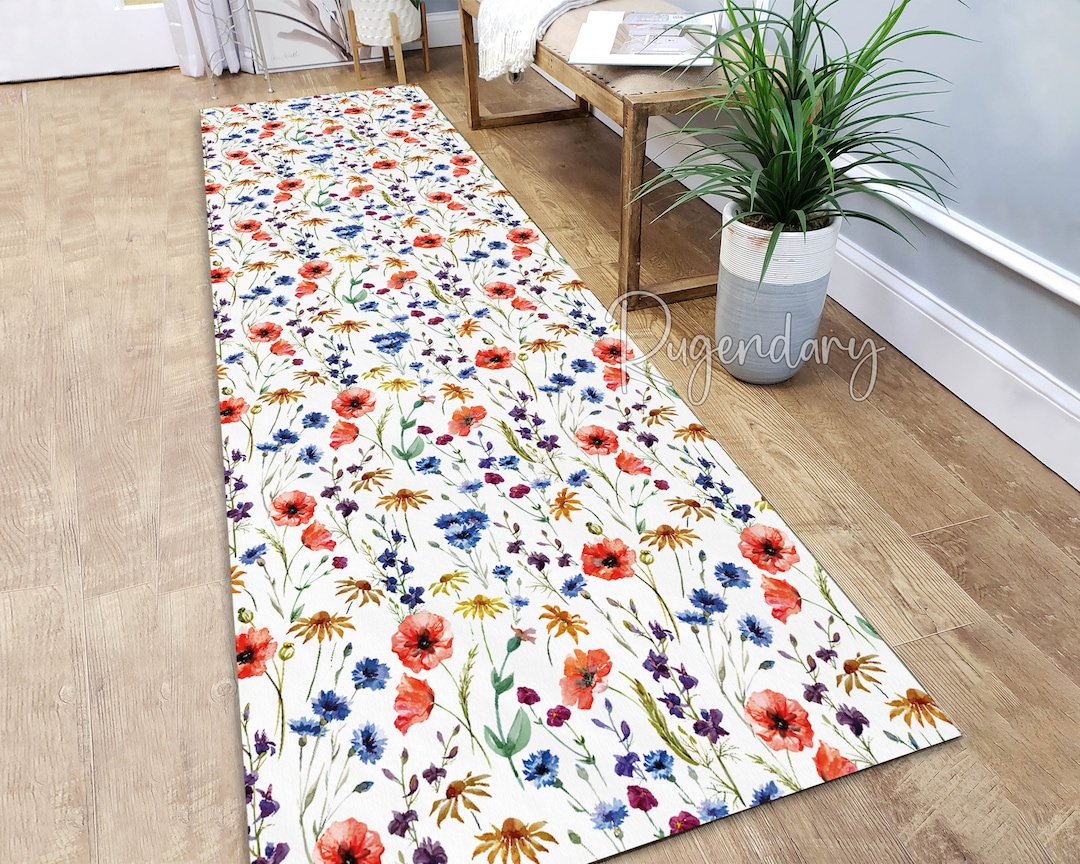 Wildflowers Pattern Kitchen Runner Rug, Watercolor Flowers Mat, Nonslip ...