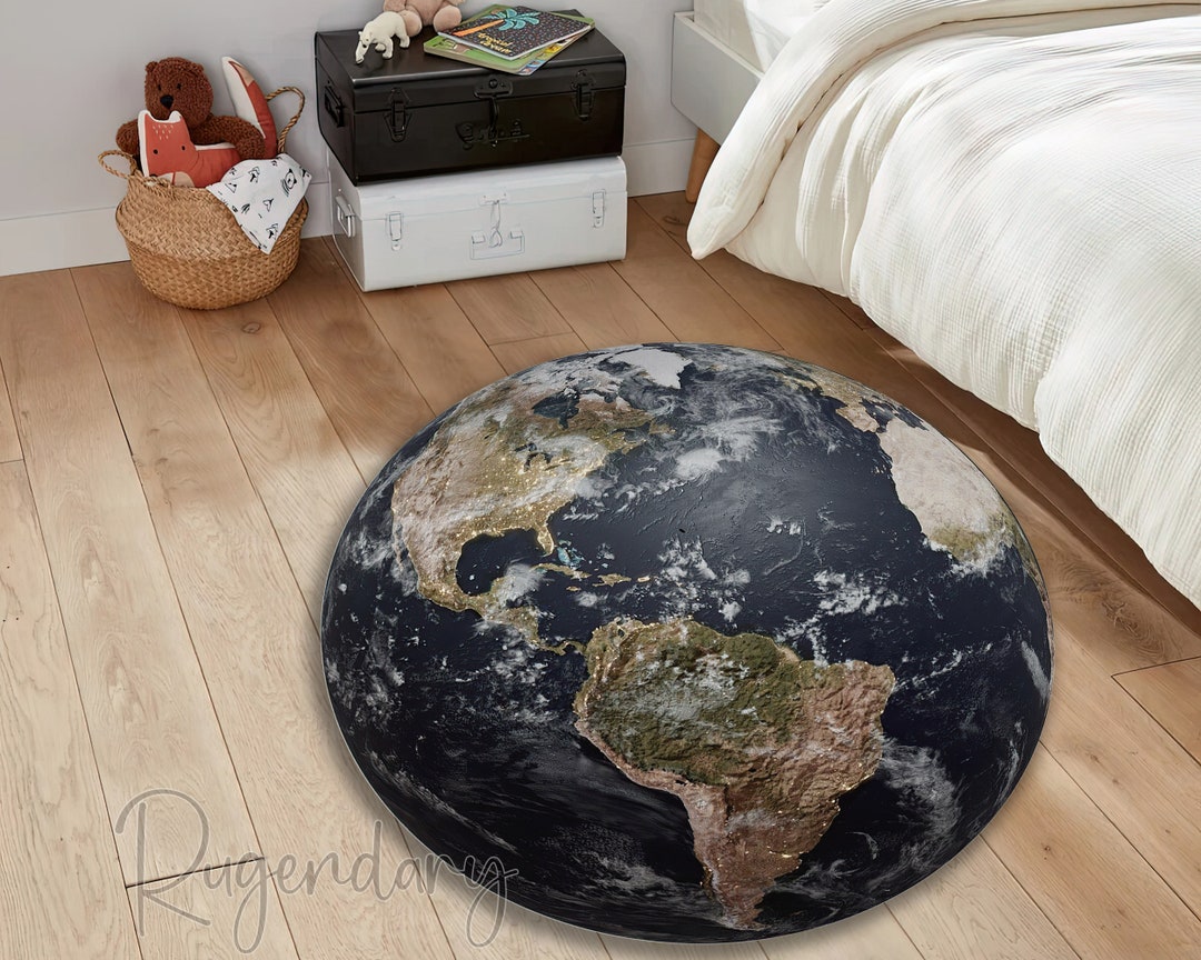 Earth Planet Rug, World Map Carpet, 3D Mat, Decorative Floor Area Round ...