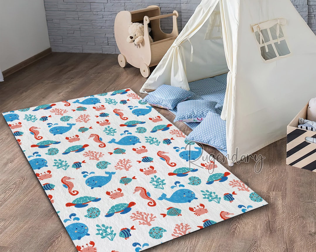 Cute Sea Animals Rug, Blue and Pink Children Room Carpet, Whale, Turtle ...
