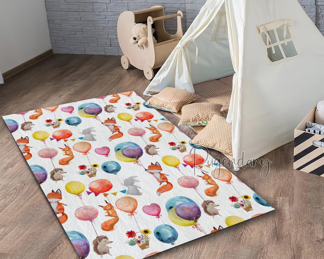 Watercolor Forest Animal Rug, Balloon Mat, Baby Fox, Rabbit, Hedgehog ...