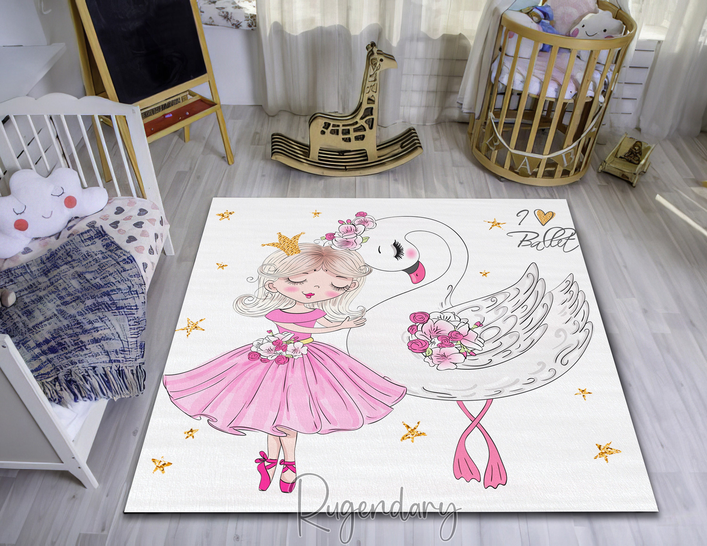 Sweet Princess With Swan Themed Pink Nursery Rug, Girl Room Nonslip ...