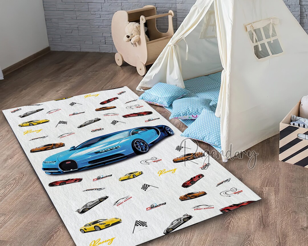 Blue Race Car Patterned Modern Baby Boys Room Rug, Ultra Soft Nursery ...