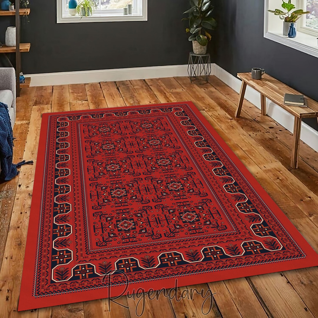 Afghan Bukhara Rug, Red Turkmen Wool Rug, Bukhara Carpet, Tribal Mat ...