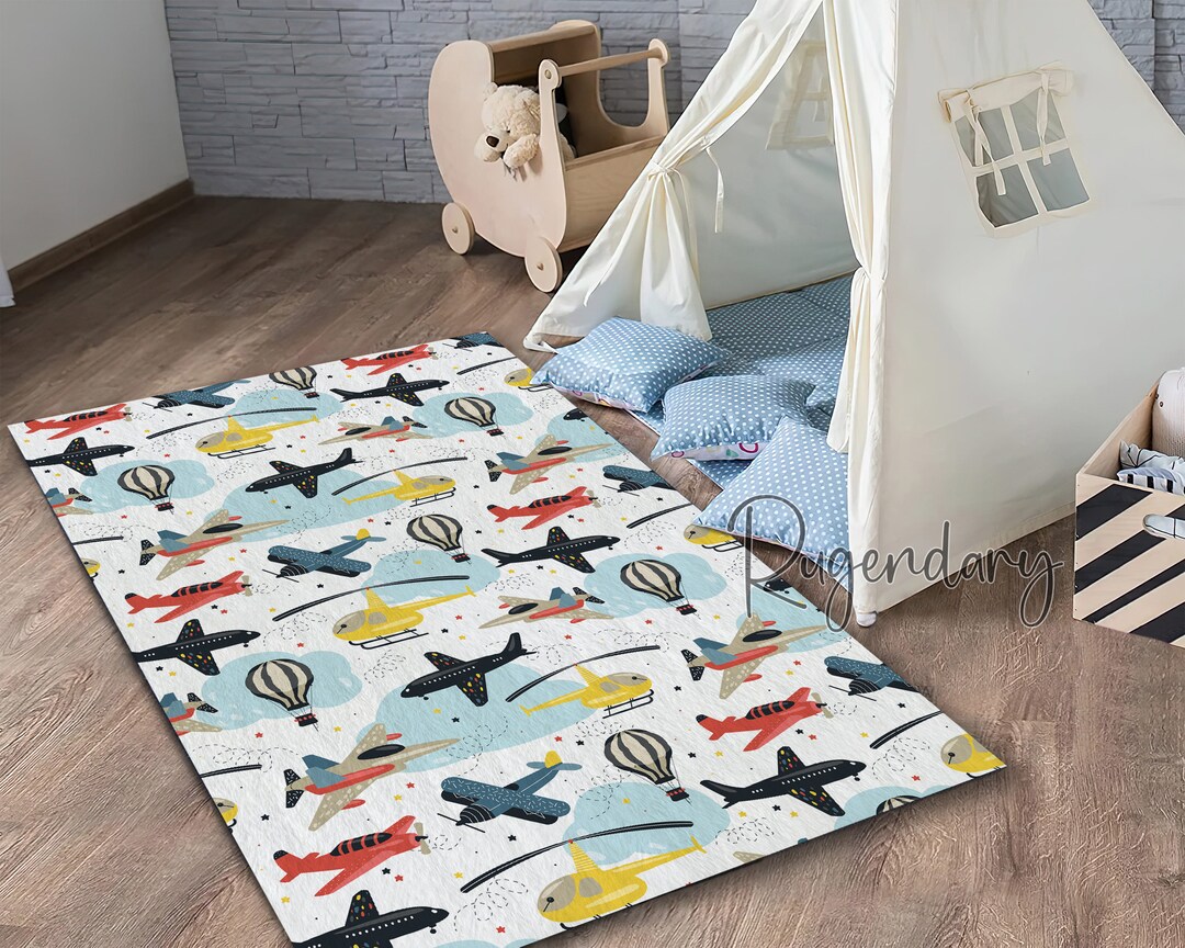 Airplane Themed Children Room Rug, Yellow Helicopter Pattern Carpet ...