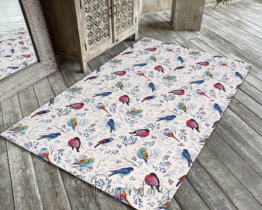 Forest Rug, Bullfinches Birds Pattern Nonslip Mat, Nature Decor, Plants ...