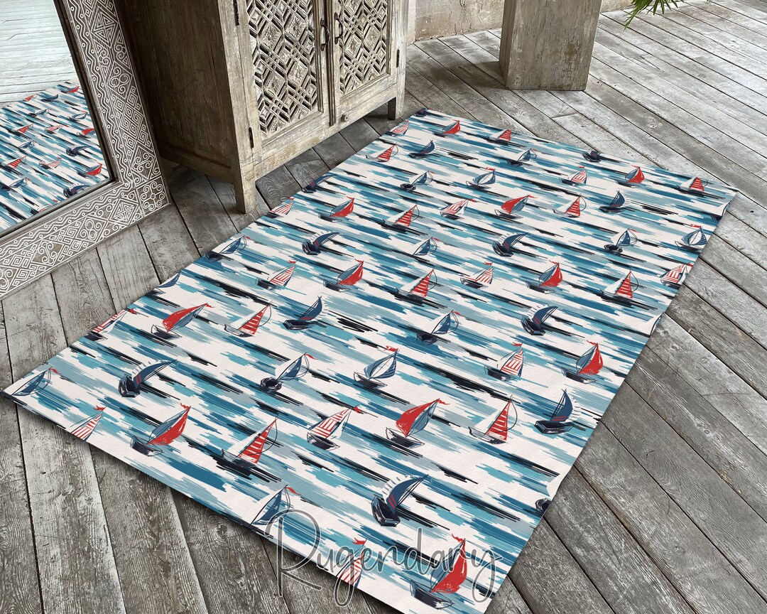 Ocean Rug, Sea Boat Ship Pattern Carpet, Children Room Rug, Sea Marine ...
