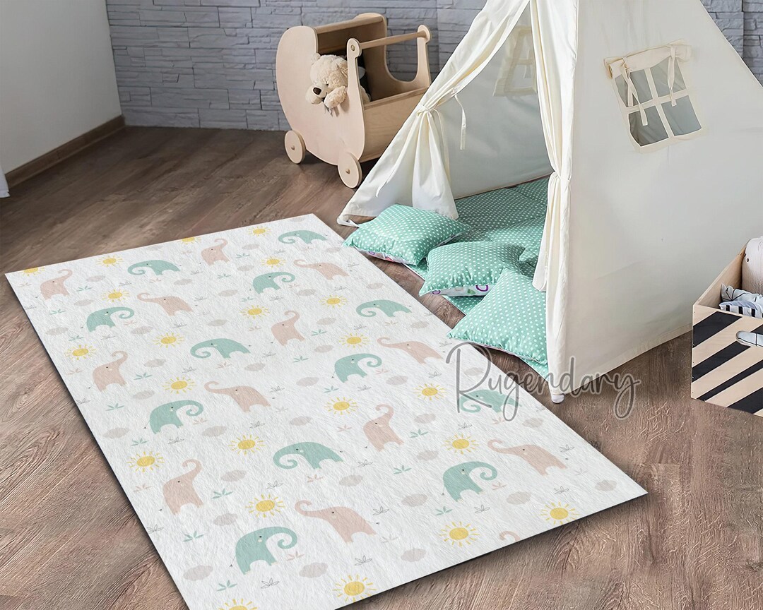 Cute Baby Elephant Rug, Colorful Elephant Carpet for Baby Room, Lovely ...