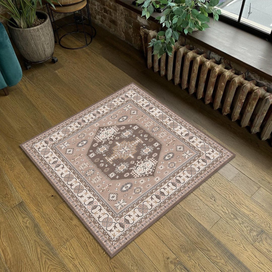 Boho Square Rug Beige Oriental Pattern Abstract Carpet - Etsy