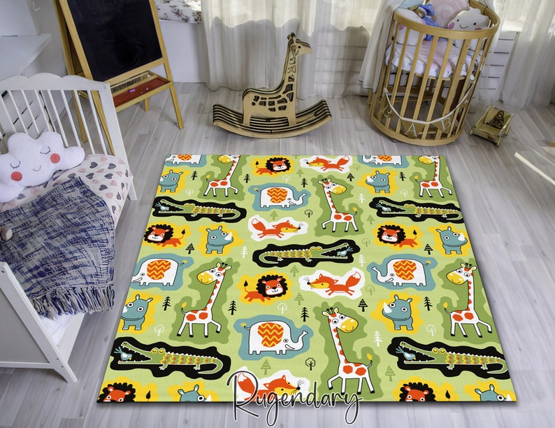 Zoo Safari Animal Pattern Green Color Children Room Rug Baby - Etsy