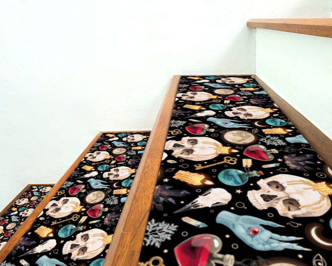 Black Witchcrafts Pattern Gothic Stair Rug, Mystical Decor, Skull ...