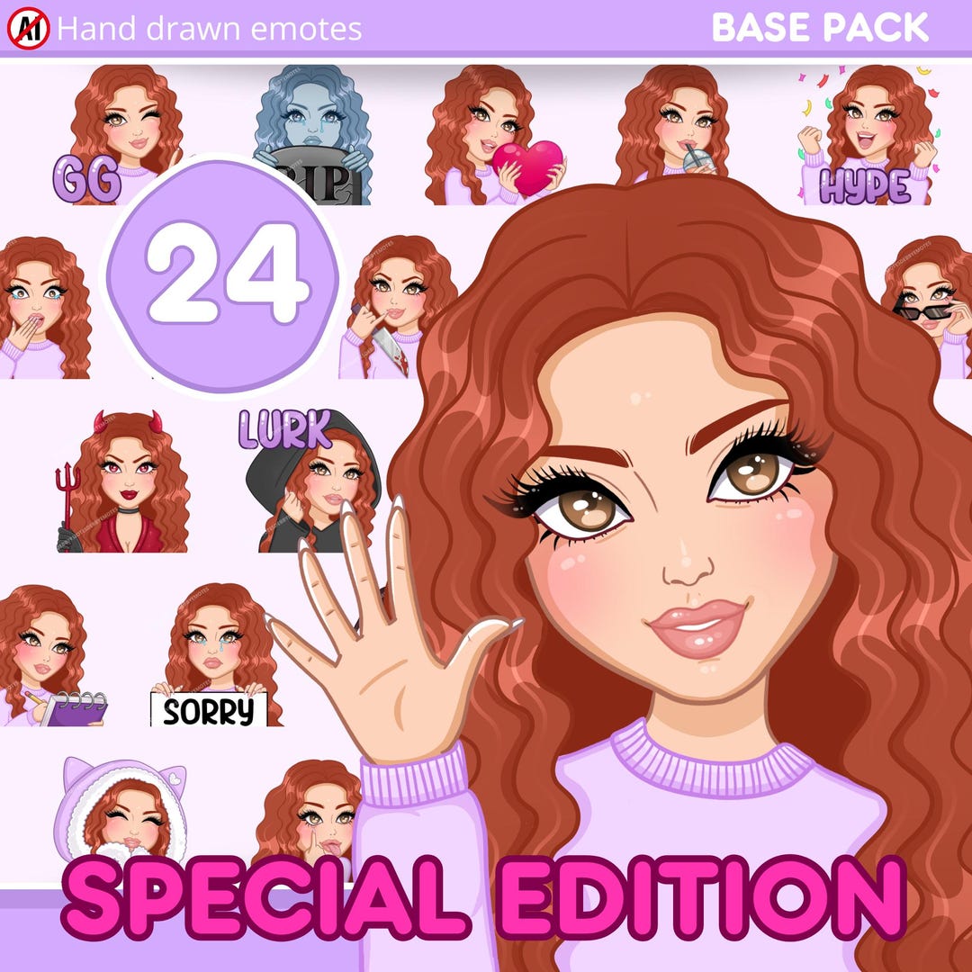 Red Hair Curly Girl Emotes, Pack 24pcs for Twitch, Discord and Any ...
