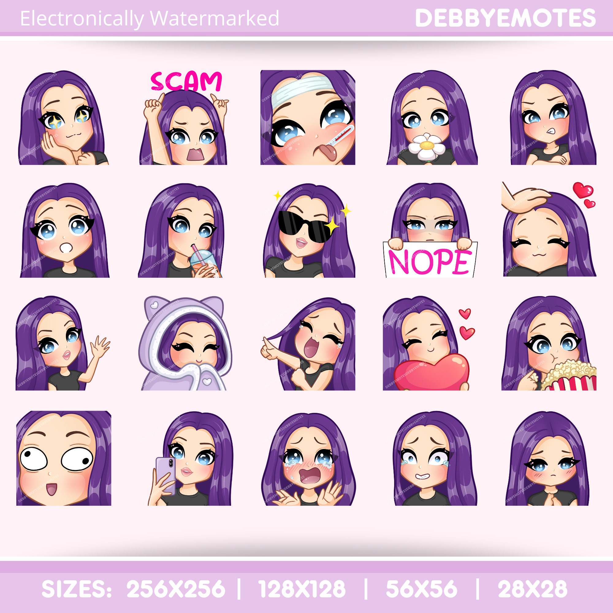 Purple Hair Girl Emotes, Chibi Streamer Pack for Twitch, Discord ...